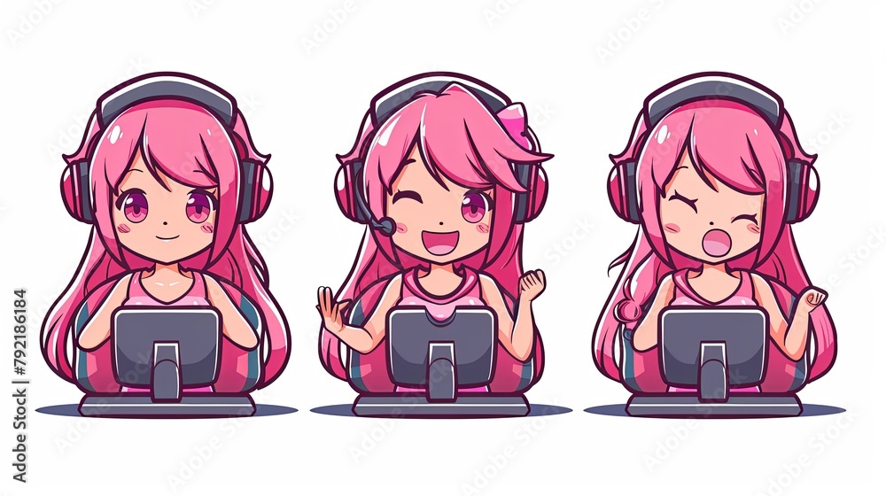 Sakura gaming logo mascot, cute cartoon character streamer girl set ...