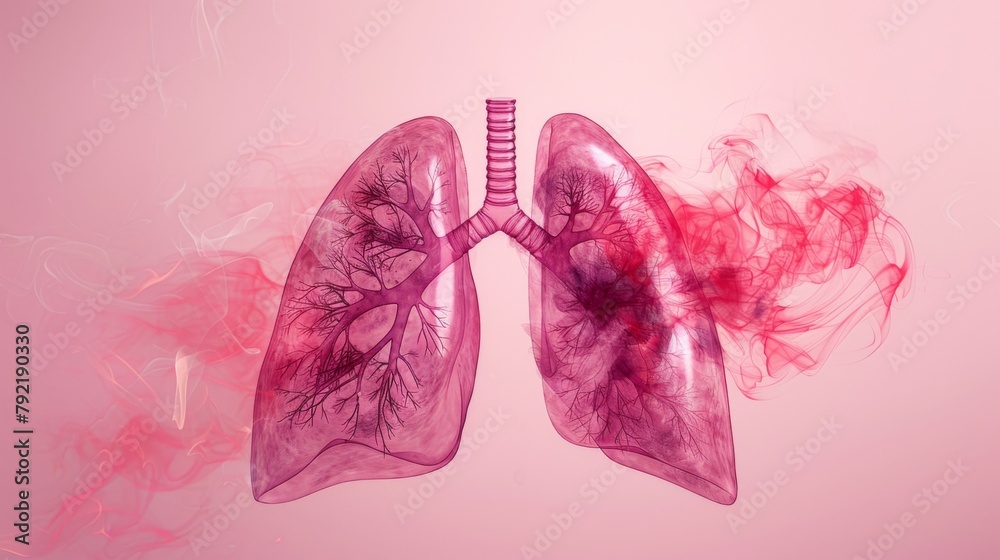 Transparent human lungs with visible trachea enveloped in pink smoke on ...