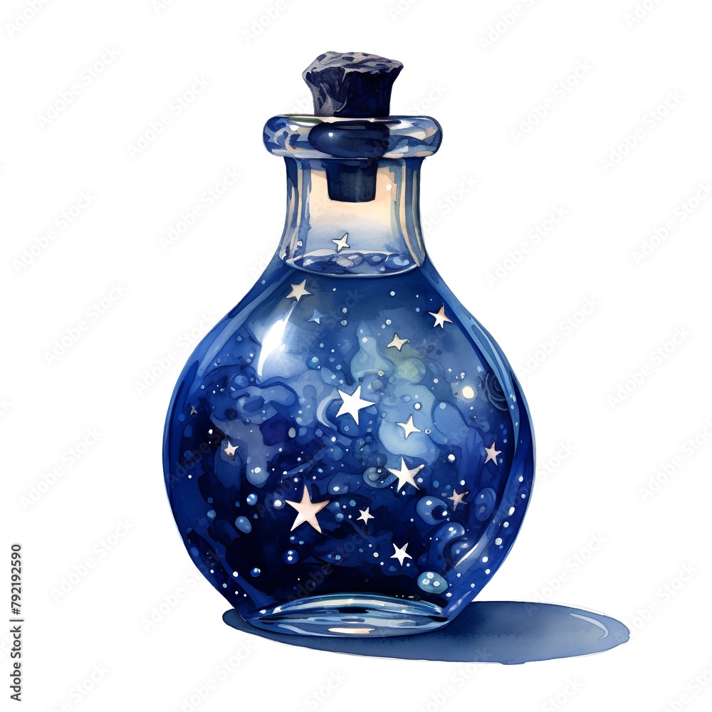 Watercolor illustration of a blue glass bottle with stars on a white ...