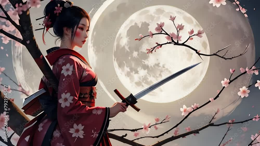 a geisha in fashion holding her sword under a full moon in the style of ...