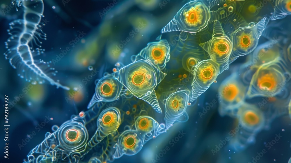 A microscopic view of a group of amoebas shows their unique shape and ...