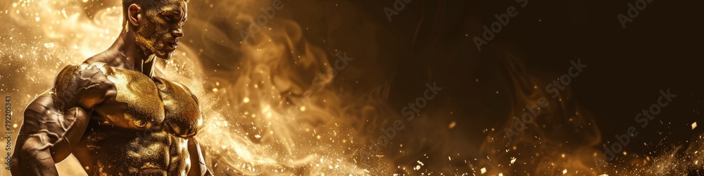 Gold glitter on bodybuilder man body. Web banner male on the left, dark ...