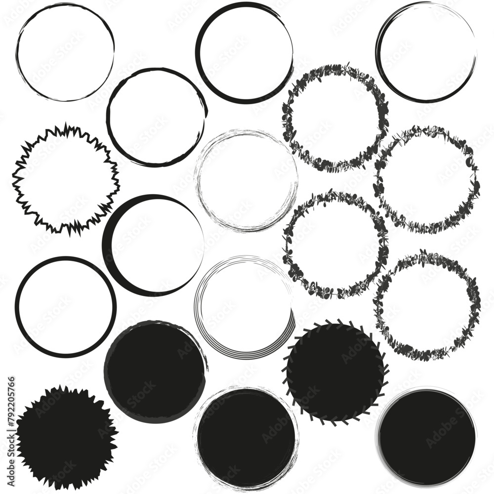 Variety of grunge circle outlines. Set of round stamps and badges. Ink ...