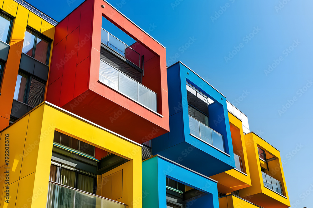 modern apartment building with a vibrant color scheme. The structure ...