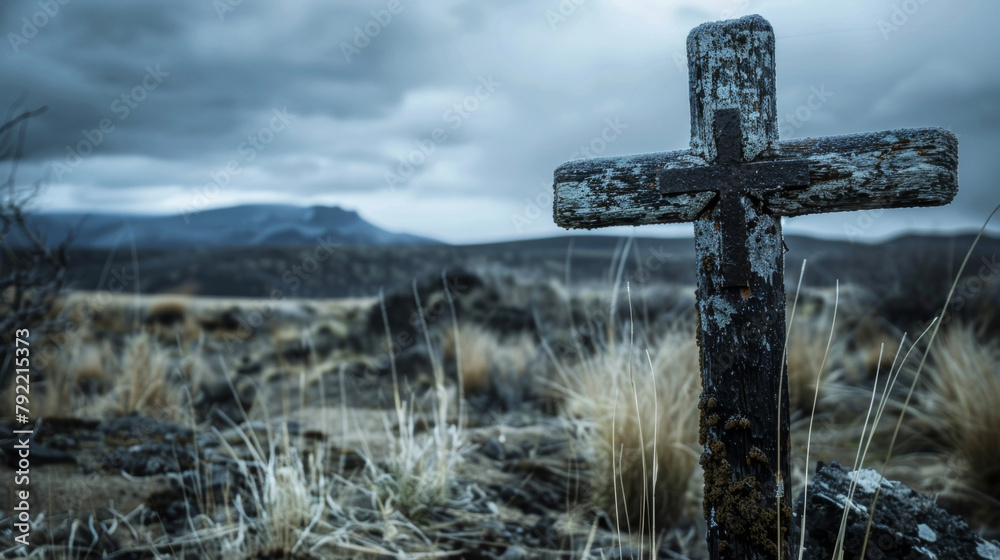 A decaying wooden cross marks a grave in the desolate landscape a ...