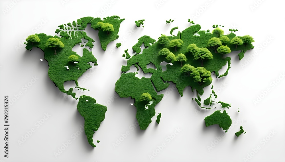 Green World Map- 3D tree or forest shape of world map isolated on white ...