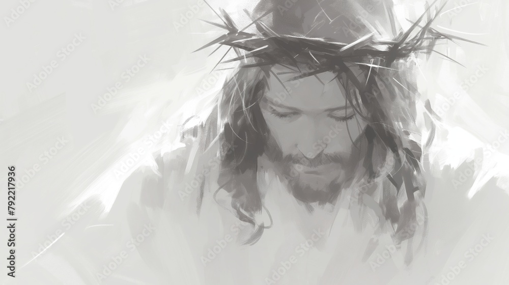 Jesus Christ in a moment of contemplation, with soft brush strokes ...