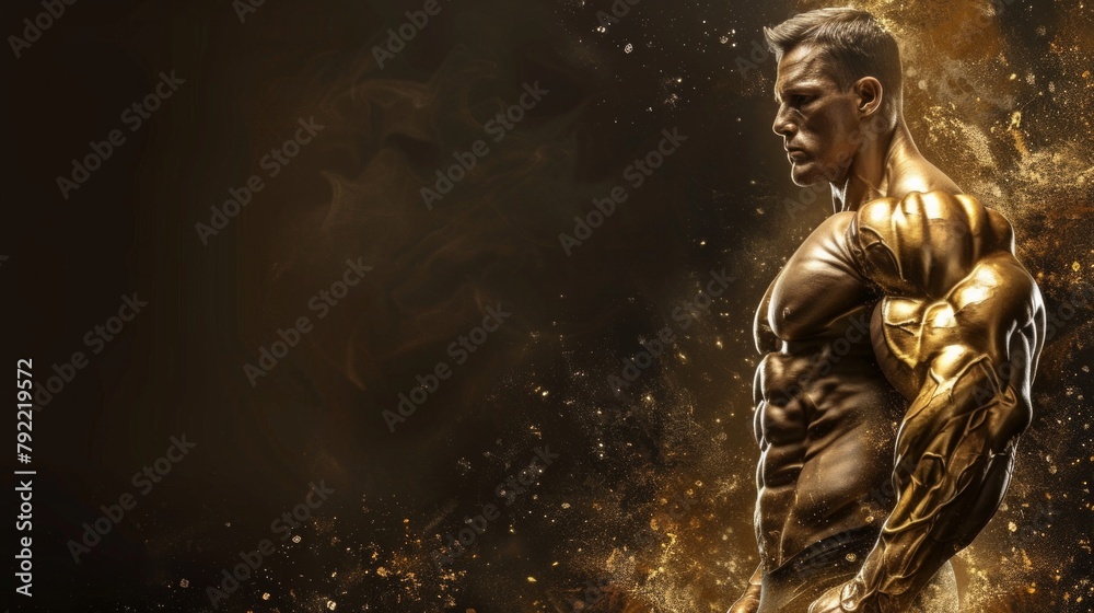 Gold glitter on bodybuilder man body. Web banner male on the left, dark ...