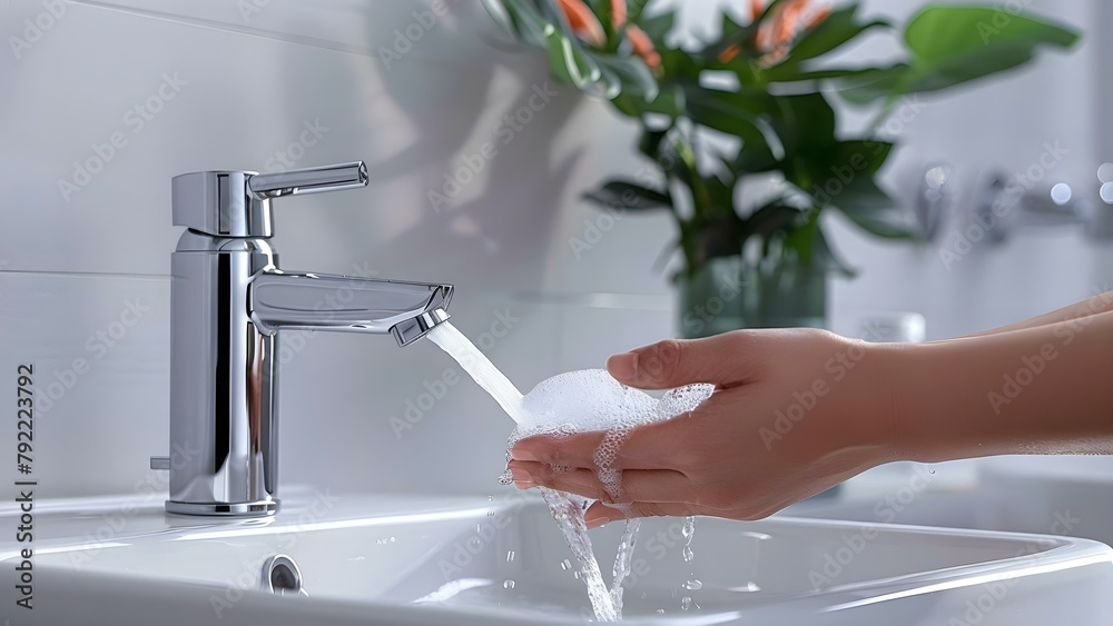 Promote handwashing with image of person using faucet to wash hands ...