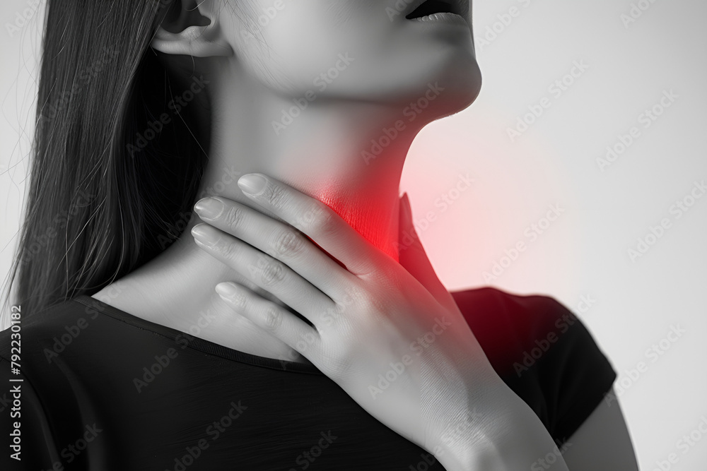 Close up of a woman holding her neck in pain, with red coloring on the ...