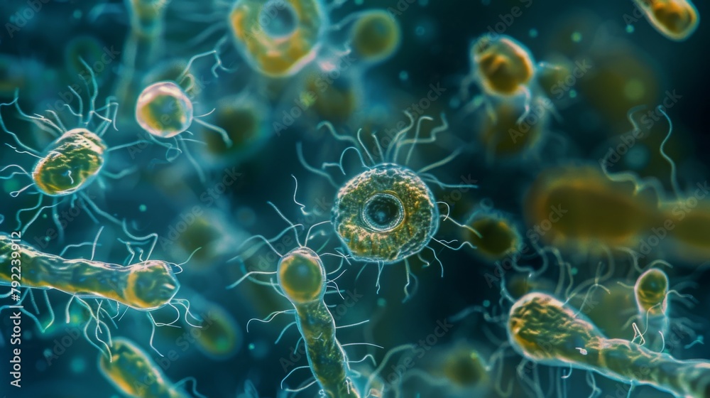 A magnified view of a colony of bacteria cells in the process of ...