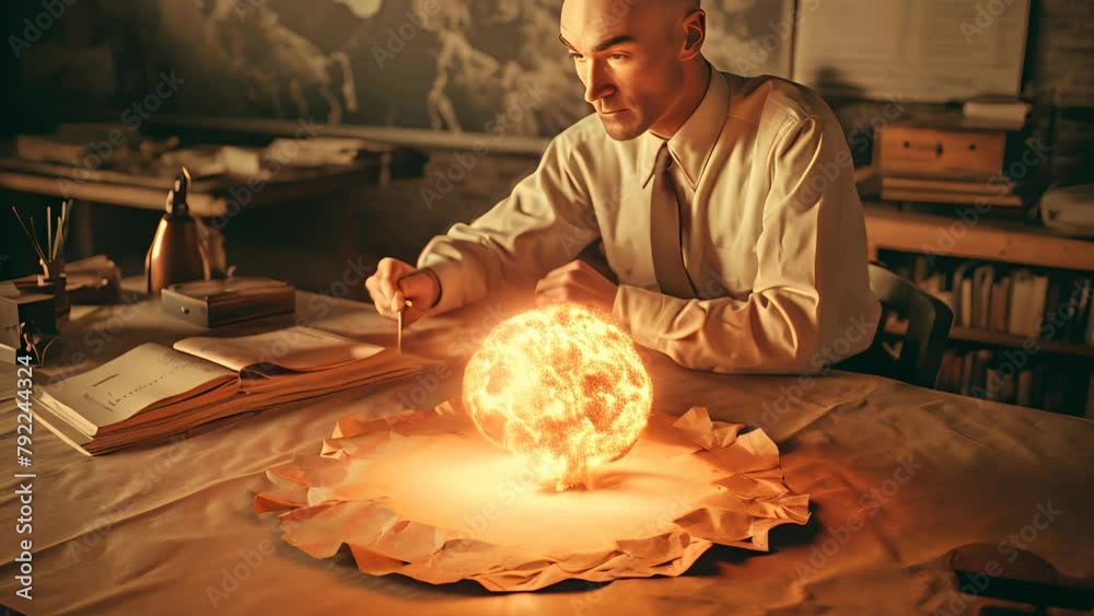 Julius Robert Oppenheimer sits at his desk watching a nuclear explosion ...