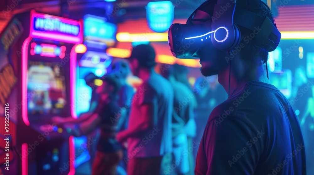 In the hazy background a classic arcade machine stands tall surrounded ...