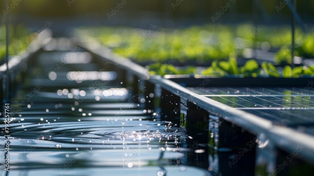 Rows of solar panels line the shoreline capturing energy from the sun ...