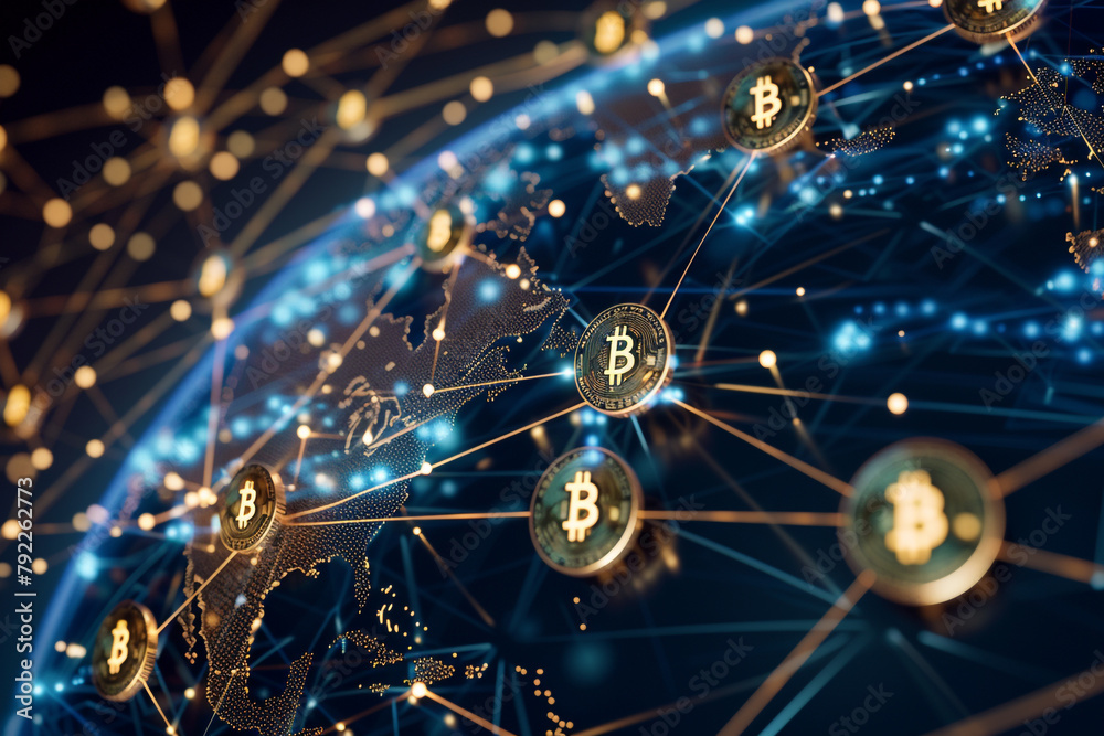 A 3D visualization of the global Bitcoin network with nodes and connections spanning across a ...