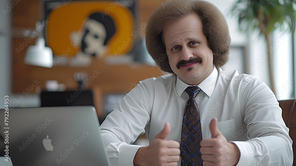 Eccentric and quirky office worker giving a double thumbs up sign - shy ...