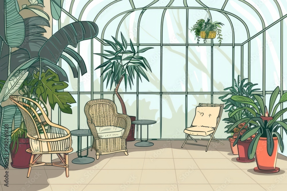 Cartoon cute doodles of an empty conservatory with glass walls, potted ...