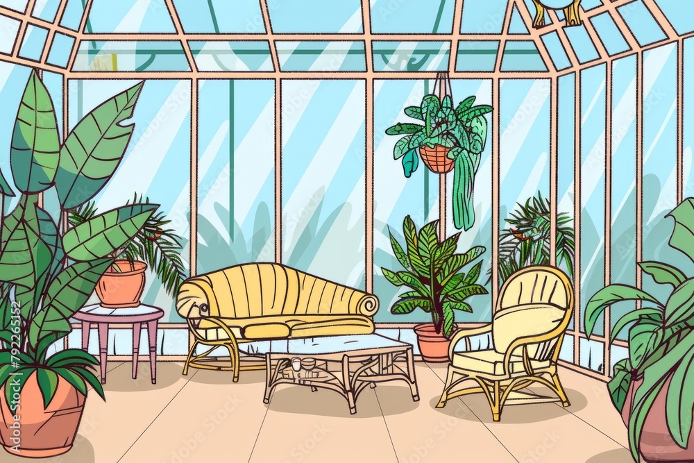 Cartoon cute doodles of an empty conservatory with glass walls, potted ...