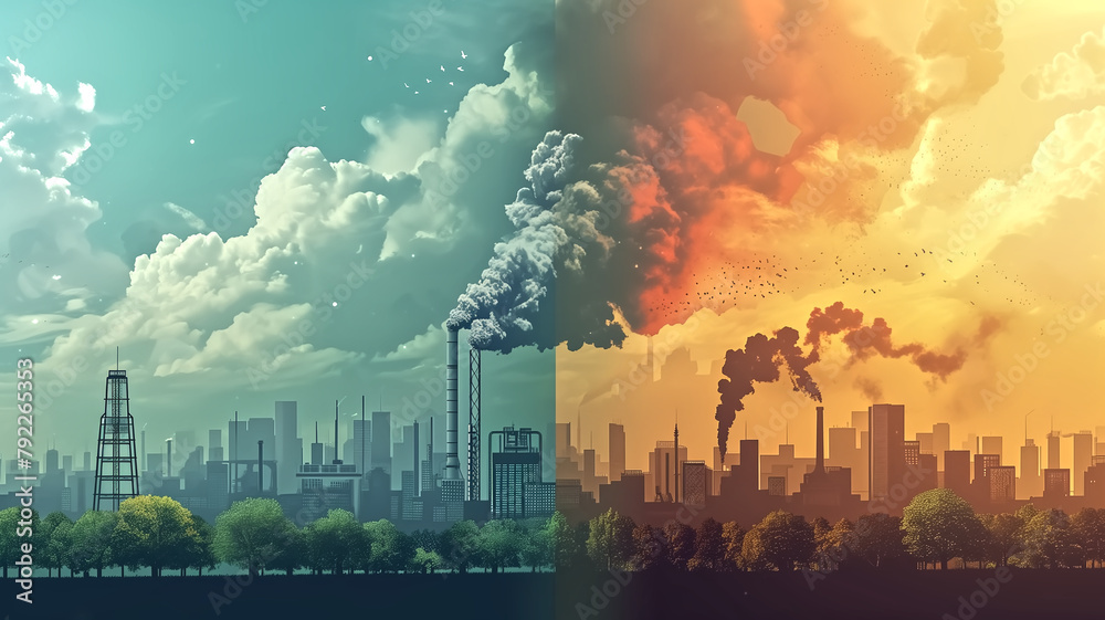 Split-scene illustration contrasting a clean cityscape with a polluted one, emphasizing the ...