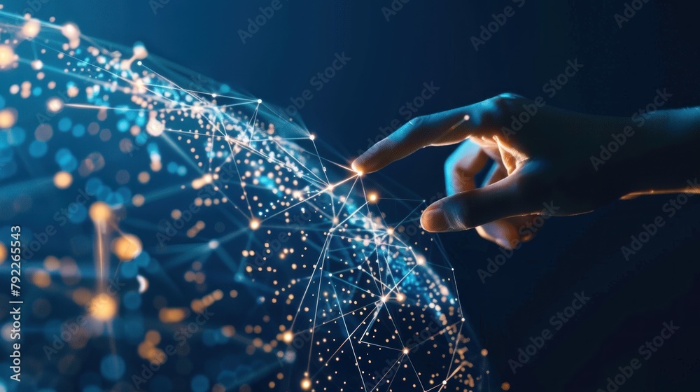 Hand touch global map form lines and triangles, point connecting network on blue background. AI ...