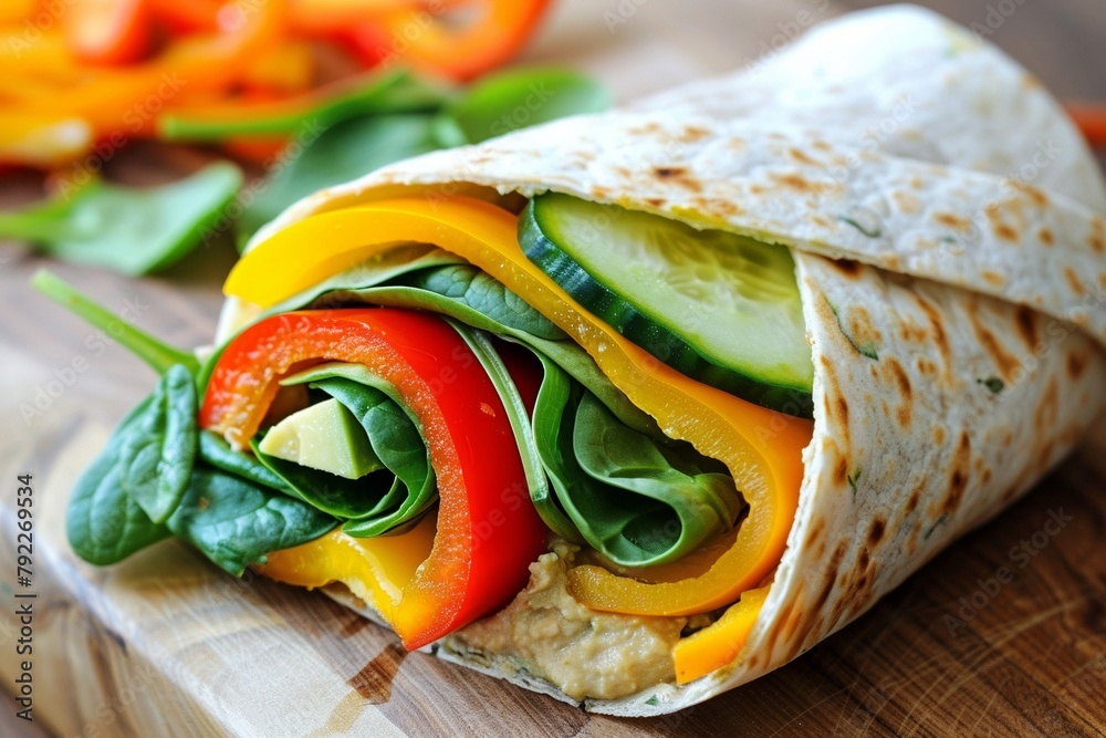 Colorful vegetable wraps stuffed with hummus, spinach, bell pepper ...
