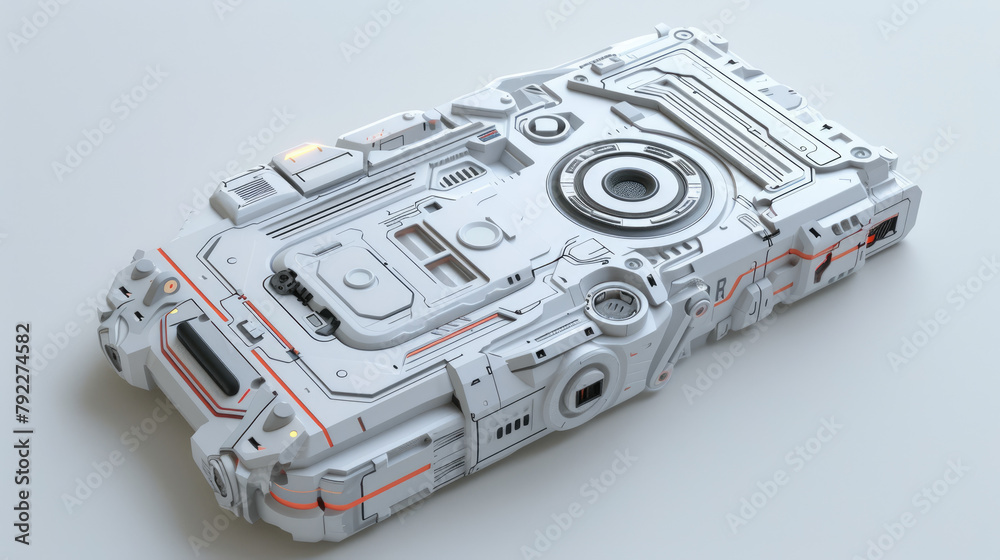 create a futuristic walkman combine with type R structure on white ...