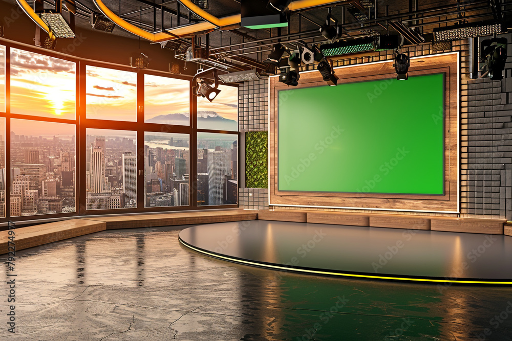 A virtual TV studio set with a green screen background is a versatile ...