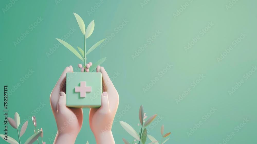 3d illustration of hand holding health symbol box and green plant on ...
