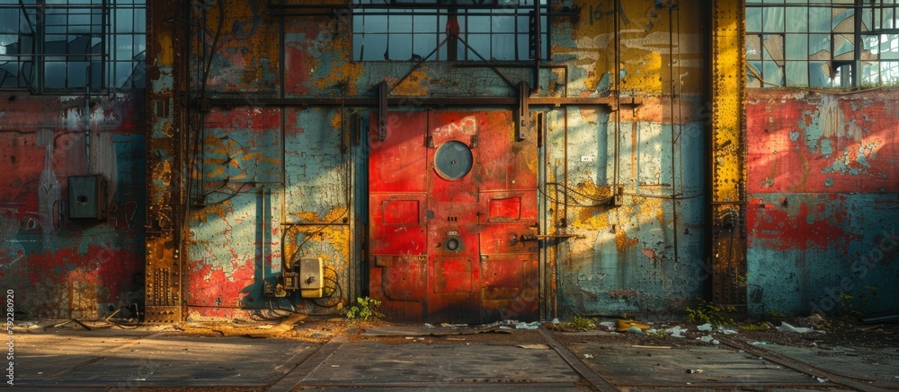 An old and worn door in a building featuring heavy rust and corrosion ...