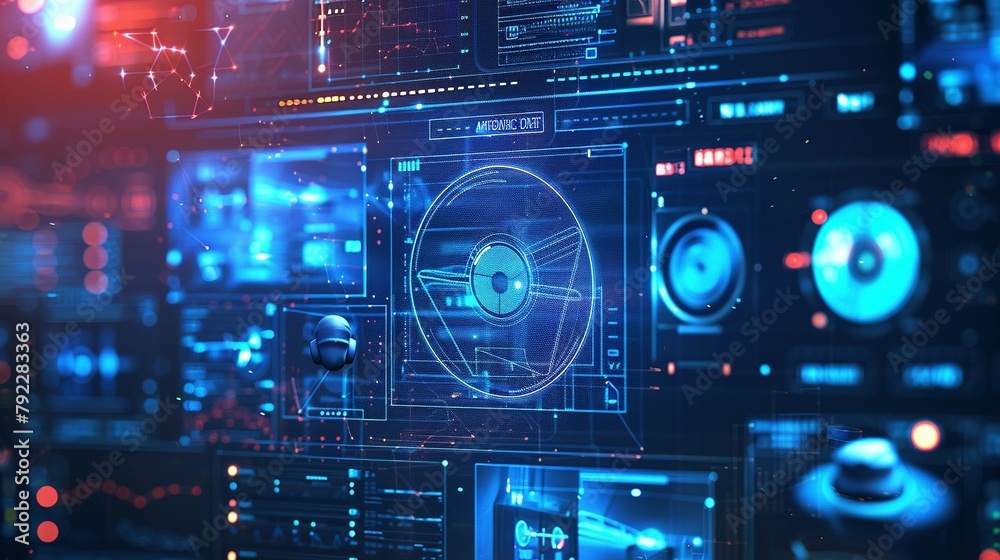 wide banner of security CCTV cameras and guard monitoring screen hud UI ...