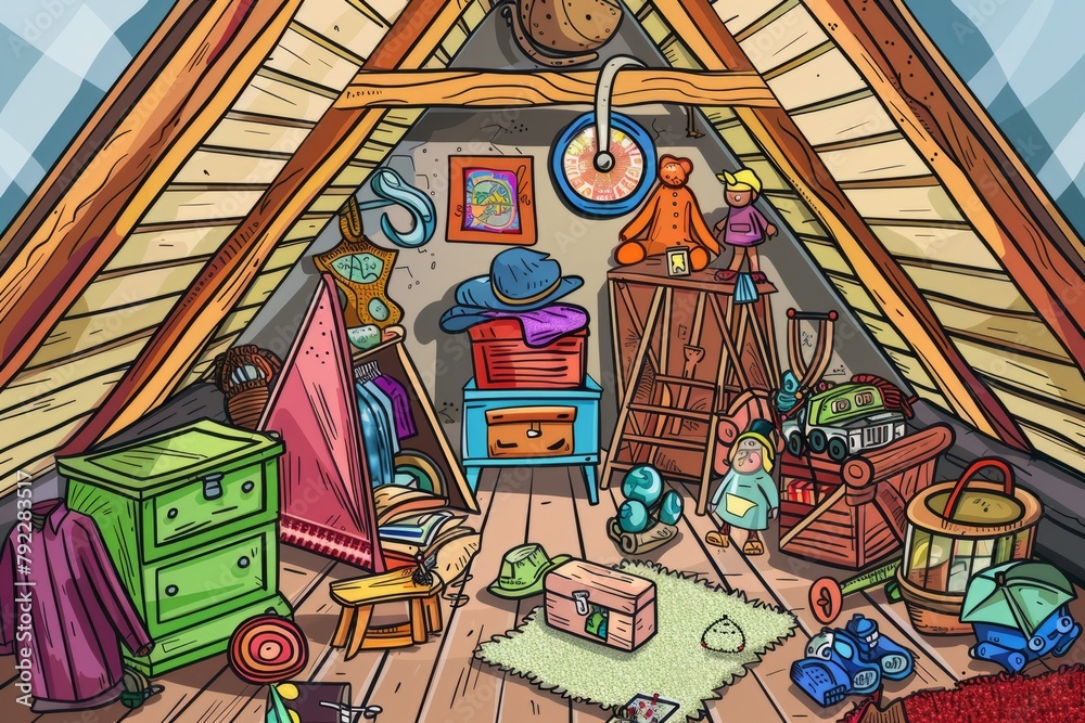 Cartoon cute doodles of a cherished spot in the attic with old ...