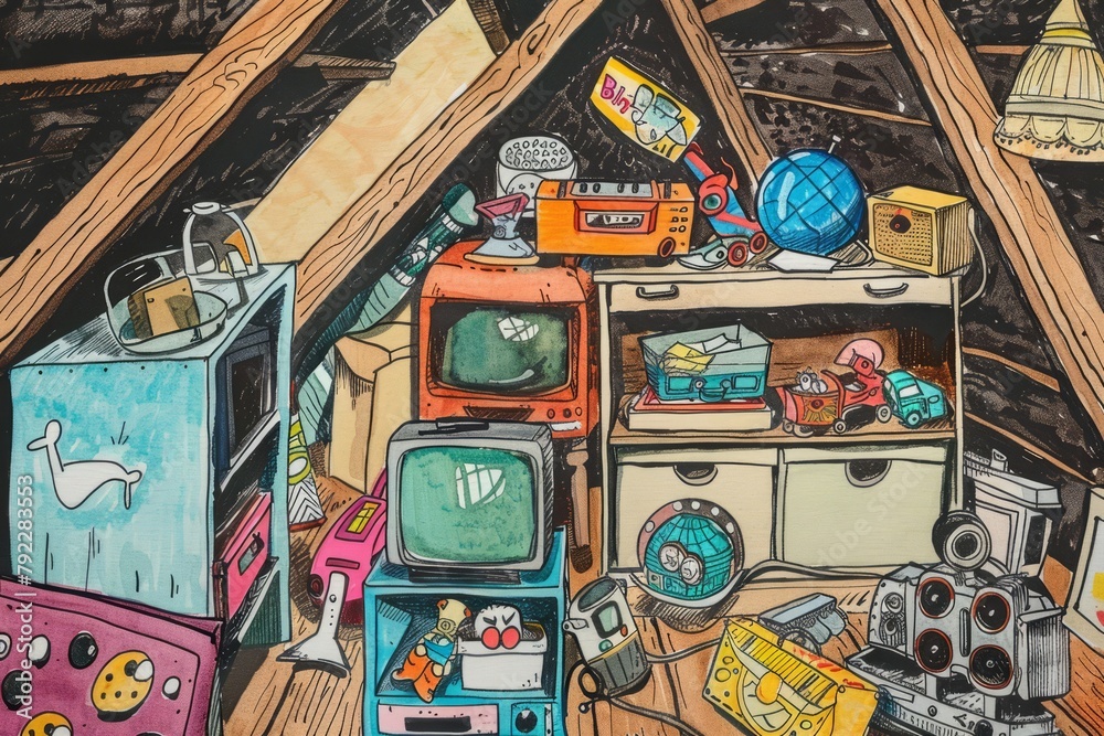 Cartoon cute doodles of a cherished spot in the attic with old ...