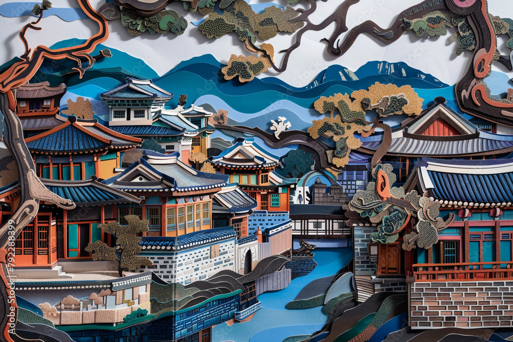 Bukchon Hanok Village captured in an elegant paper cut scene reflecting ...