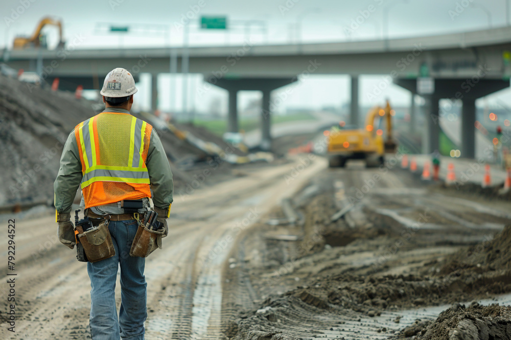 Civil engineer overseeing earthwork and paving on an overpass ...