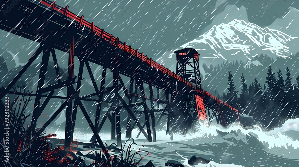 ancient wooden suspension bridge illustration poster background Stock ...