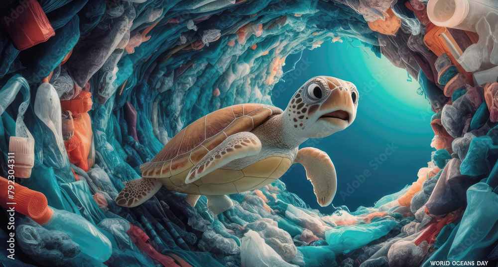 Sea turtle swimming through a dense swirl of single-use plastic ...