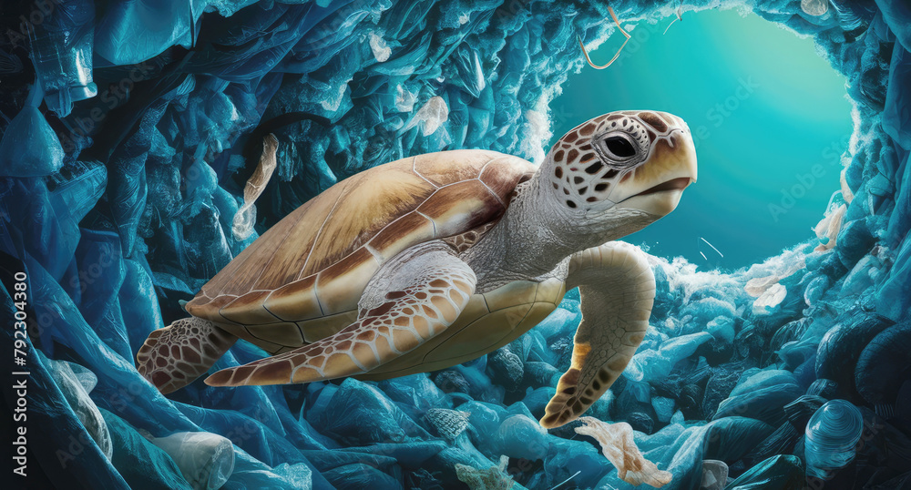 Sea turtle swimming through a dense swirl of single-use plastic ...