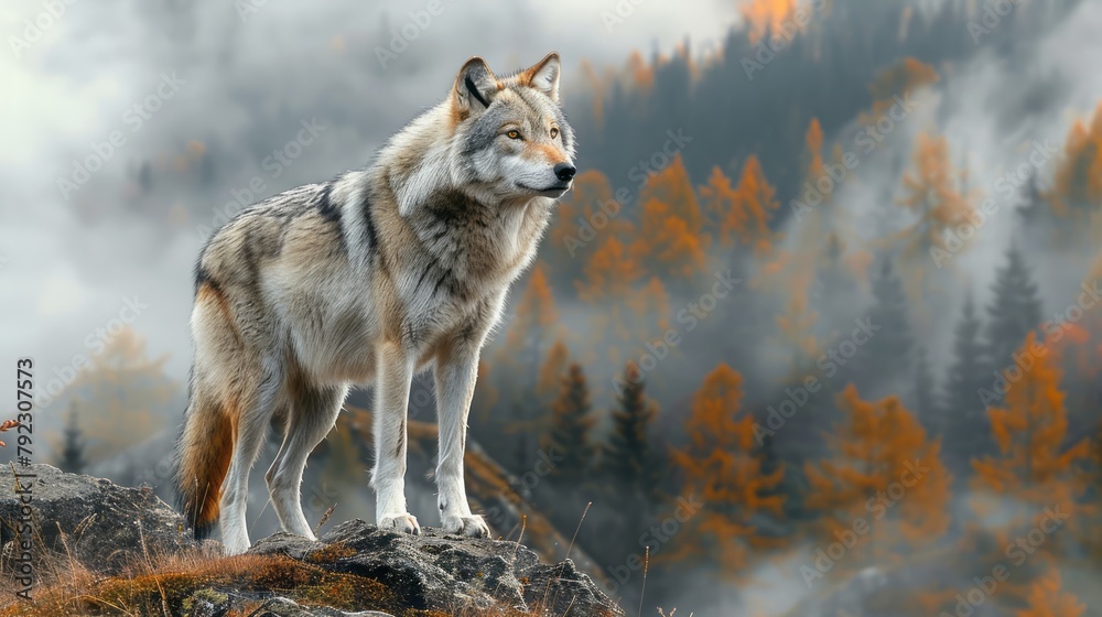 Timber wolf hunting in the wild, snowy mountains, with the hunter ...