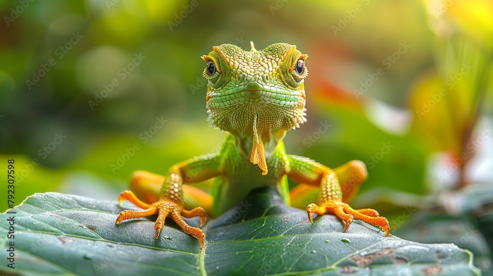 Exotic tropical animal, a green garden lizard calotes calotes, with a ...