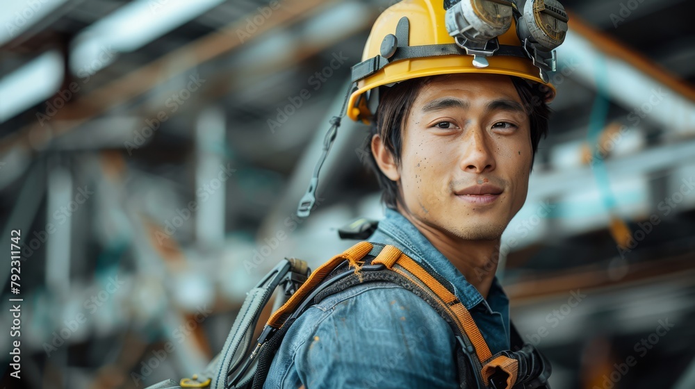 Asian construction worker Wear safety suits and harnesses when working ...