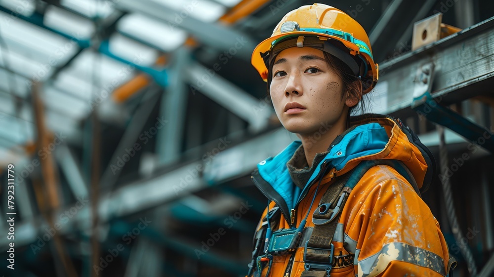 Asian construction worker Wear safety suits and harnesses when working ...