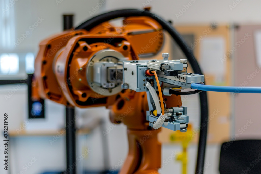 Close-up of a robotic arm being assembled, intricate servo motors and ...