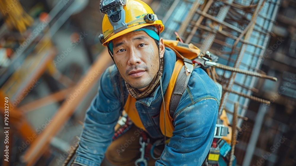 Asian male construction worker working at height on steel frame Wear ...