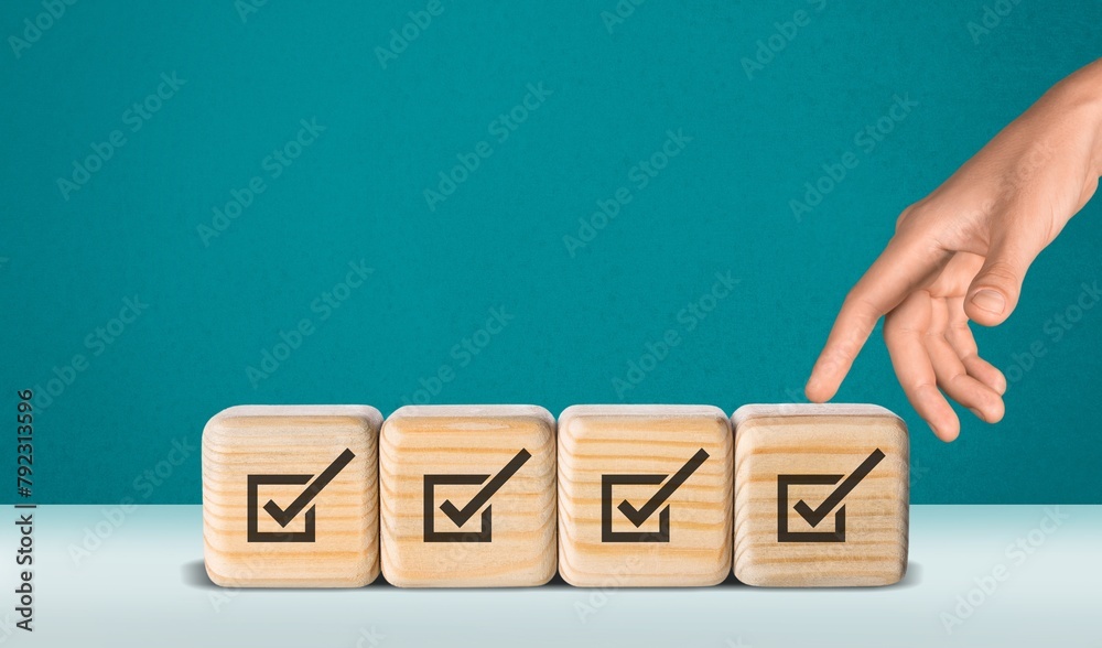 Checklist, Quality Control and business success. check mark on cubes ...