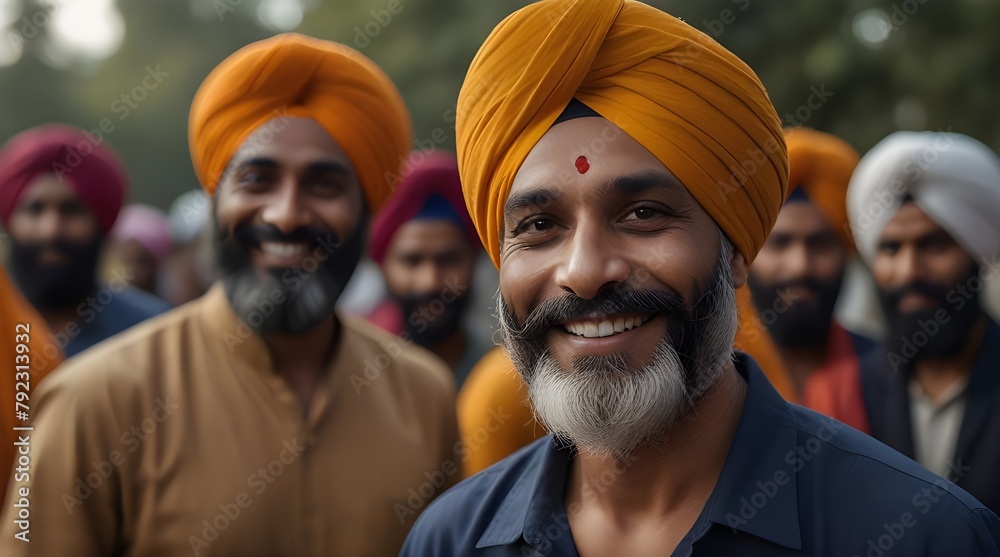 Smiling happy devotee Sikh Indian man ties his traditional turban ...