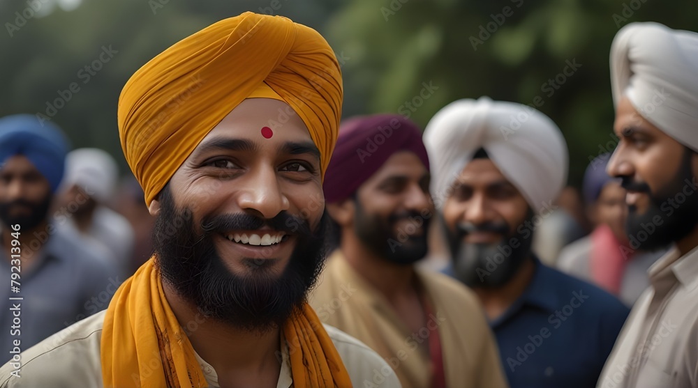 Smiling happy devotee Sikh Indian man ties his traditional turban ...