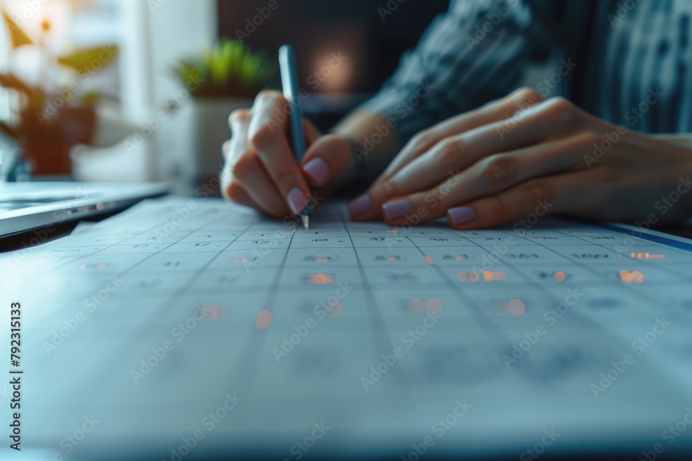 Macro of hands arranging a flexible work schedule in a digital calendar ...
