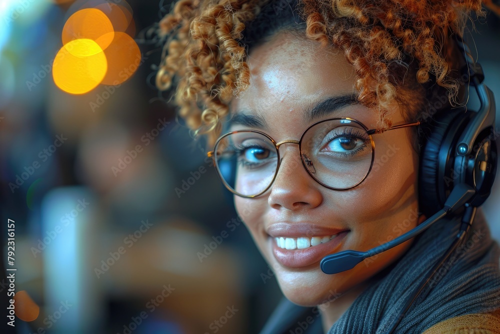 Zoomed-in on an employee wearing a headset, smiling as they assist a ...