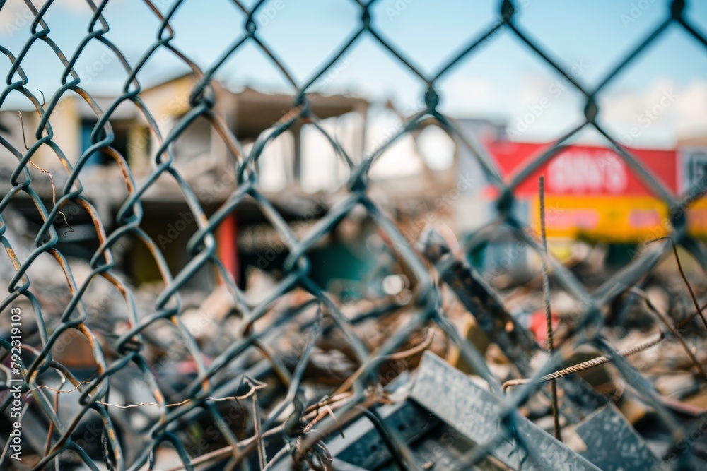 Demolished retail store behind fence with protruding rebar Stock Photo ...