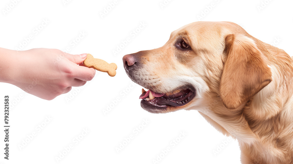 Hand giving a treat to a healthy dog isolated on a transparent ...